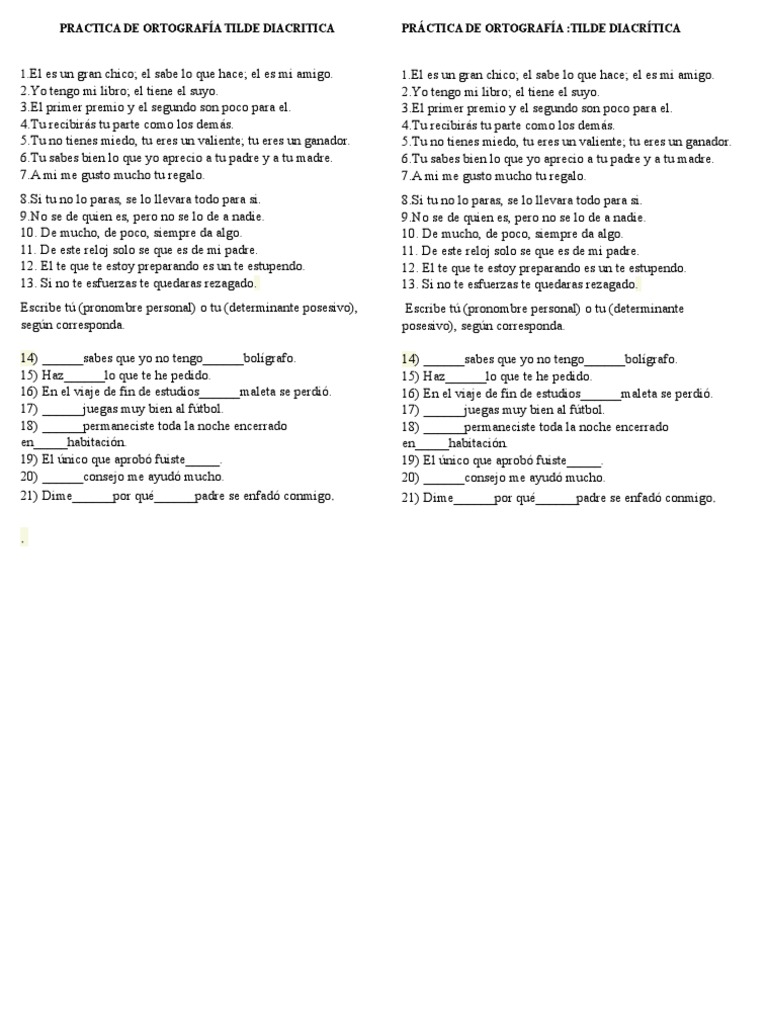 Practica de Ortografía Tilde Diacritica | PDF | Deportes | Ocio