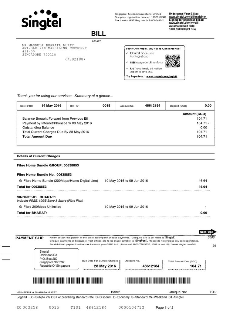 SingTel Bill | Invoice | Cheque