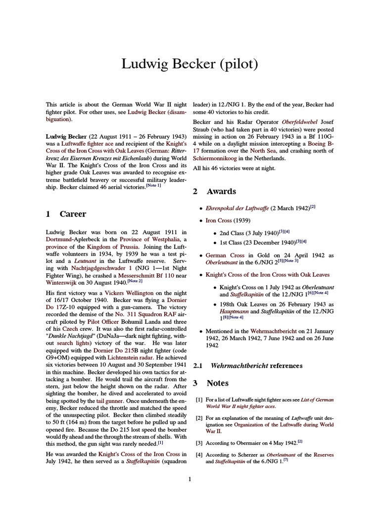 WW2 REICH RK NJG - Ludwig Becker (Pilot) | PDF | Military Of Germany | Military