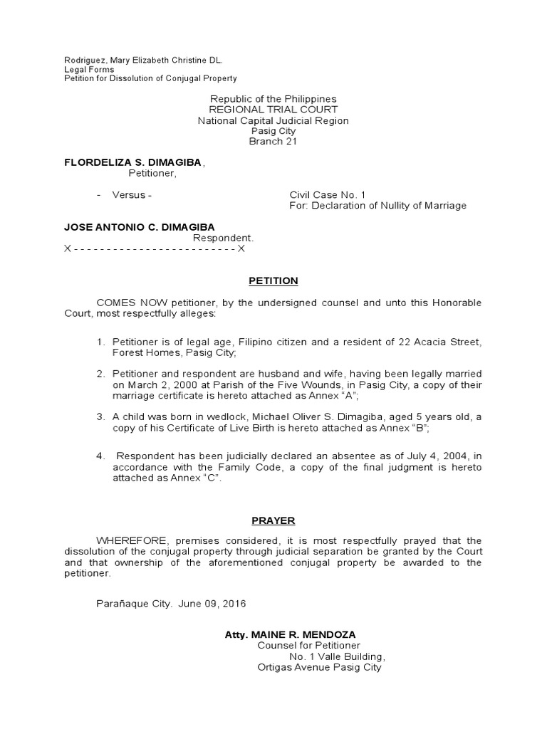 Petition for Dissolution of Property | Affidavit | Marriage