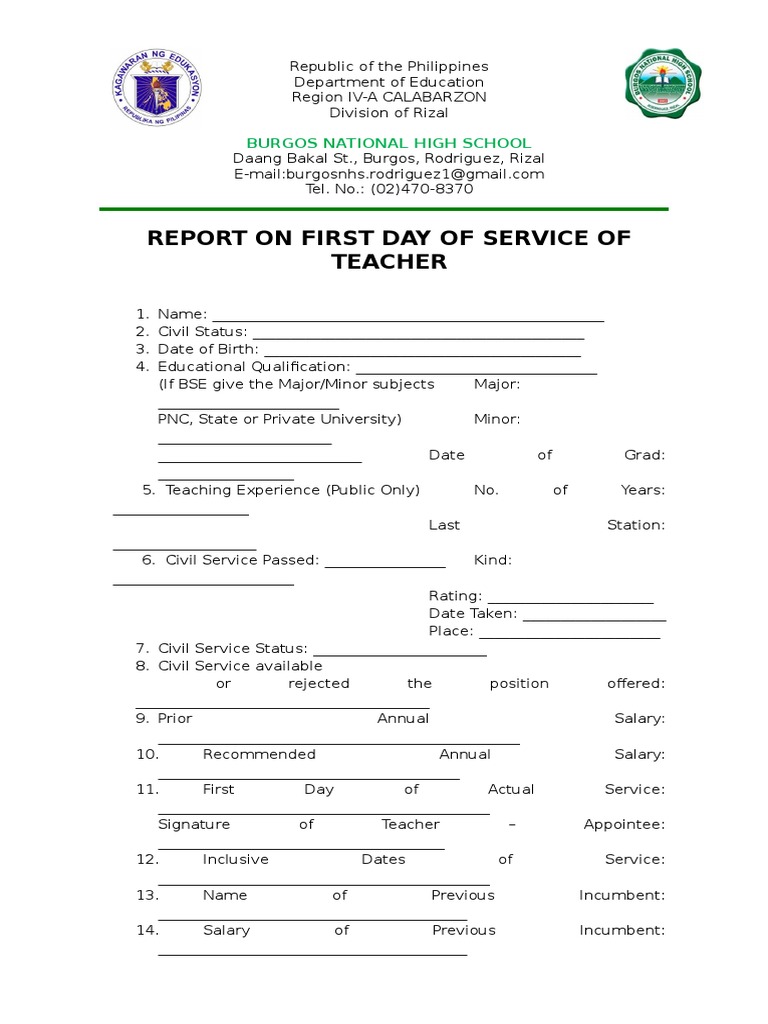 Report On First Day of Service of Teacher 2015 | PDF