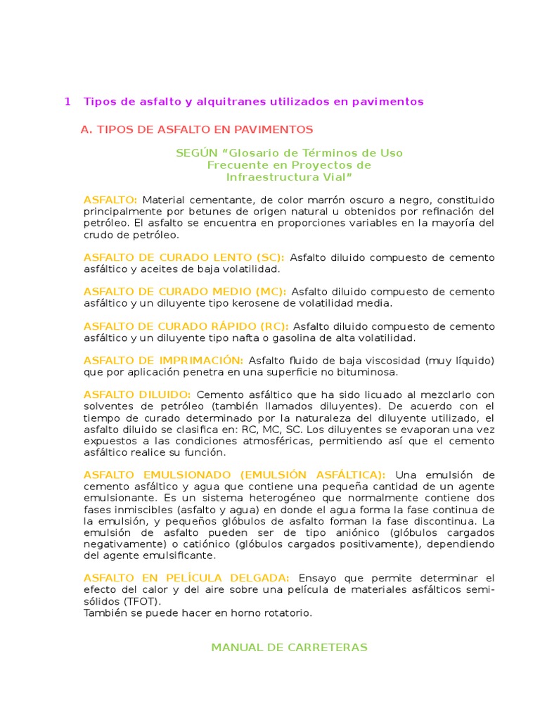 Tipos de Asfaltos y Alquitranes (Glosario, Manual) | PDF