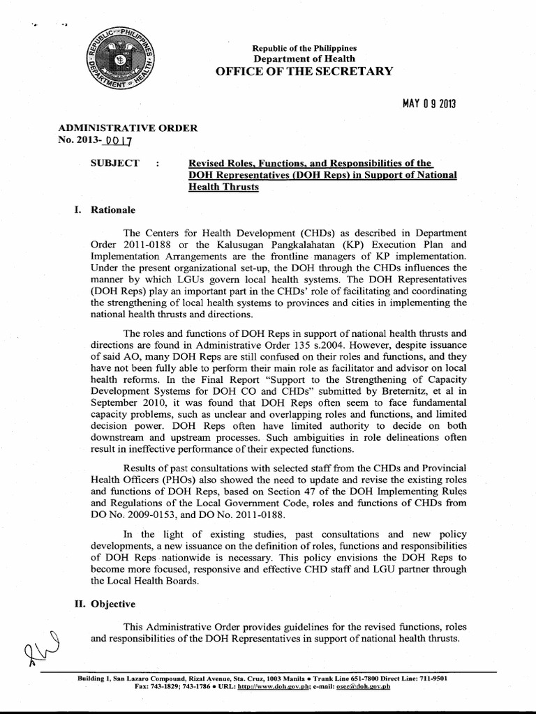 DOH AO 2013 - 0017 - Revised Roles, Functions, and Responsibilities of ...