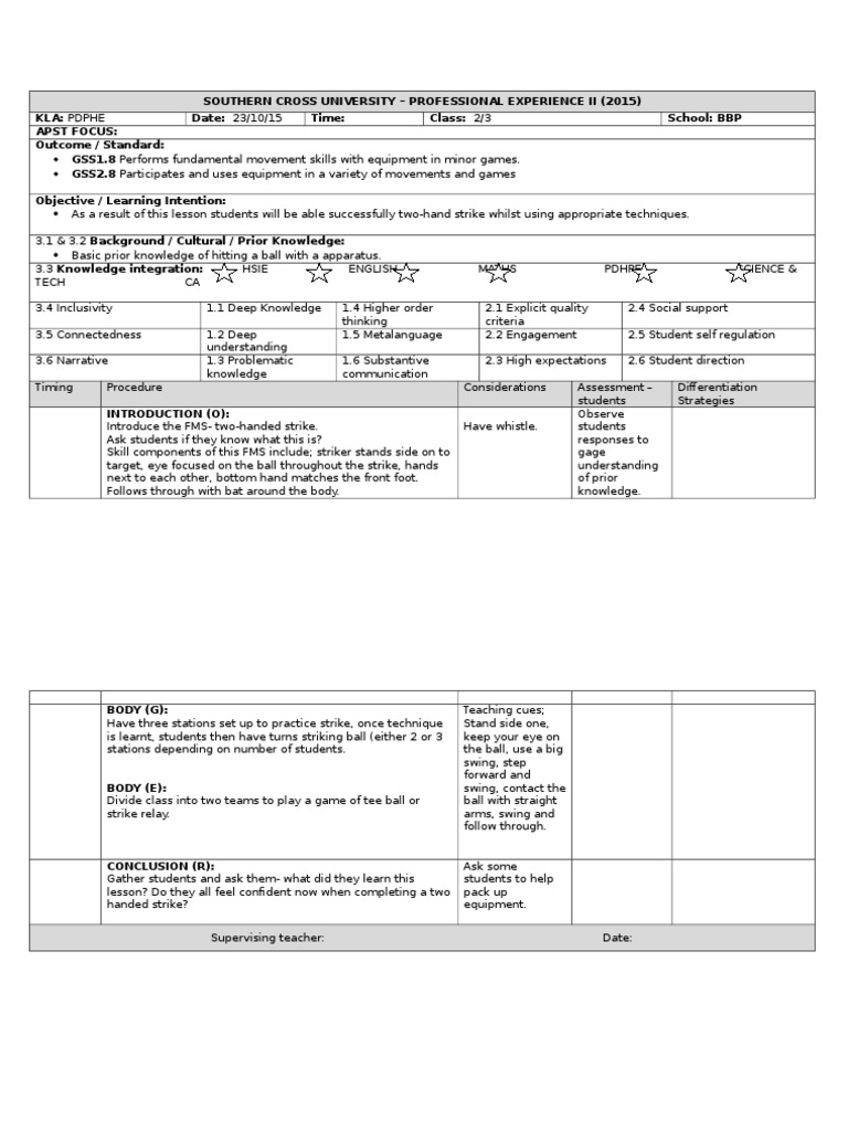 Fms Two Handed Strike Lesson Plan | PDF
