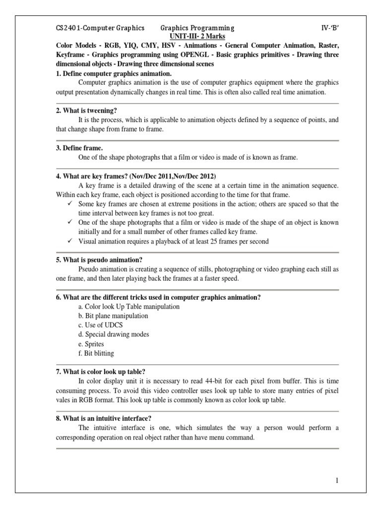 Computer Grtapics - Unit III 2 Marks | PDF | Color | Computer Animation
