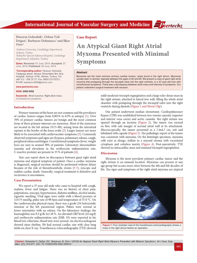An Atypical Giant Right Atrial Myxoma Presented With Minimal Symptoms Atrium Heart Heart
