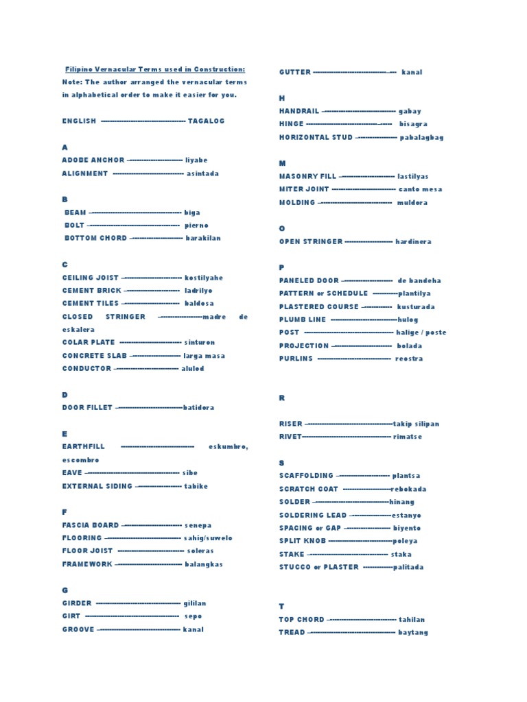Filipino Vernacular Terms Used in Construction | PDF