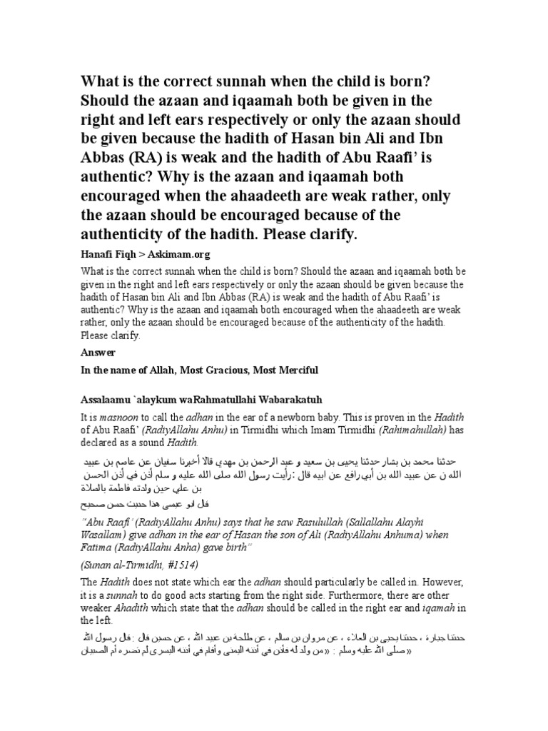 Azan in Babies Ear Hadiths | PDF