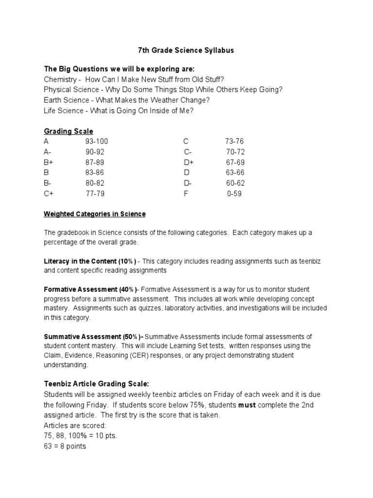 7th Grade Science Syllabus The Big Questions We Will Be Exploring Are ...