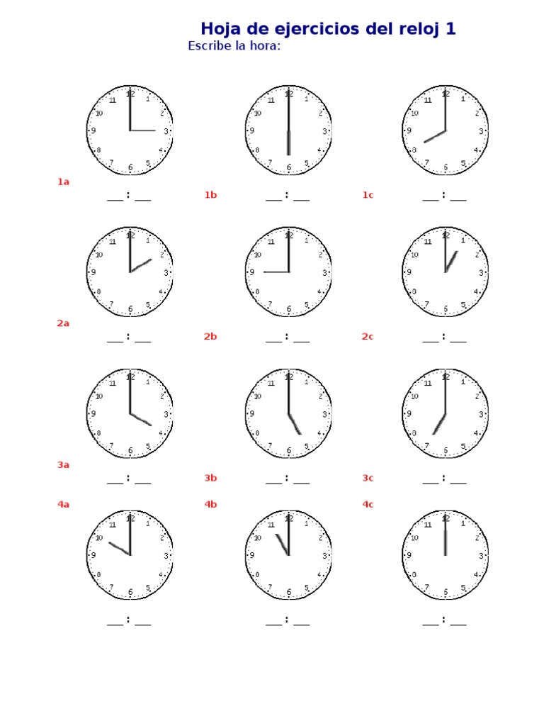 Ejercicios de Reloj para Niños | PDF
