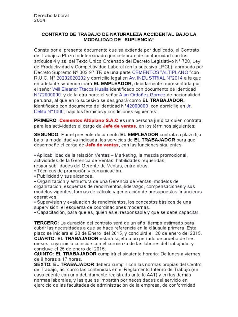 Contrato de Trabajo de Naturaleza Accidental Bajo La Modalidad de Suplencia | PDF | Derecho ...