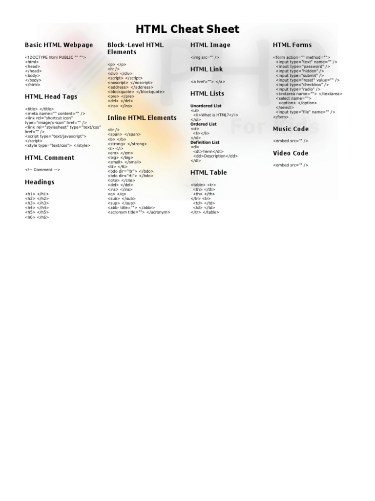 HTML Cheat Sheet | PDF