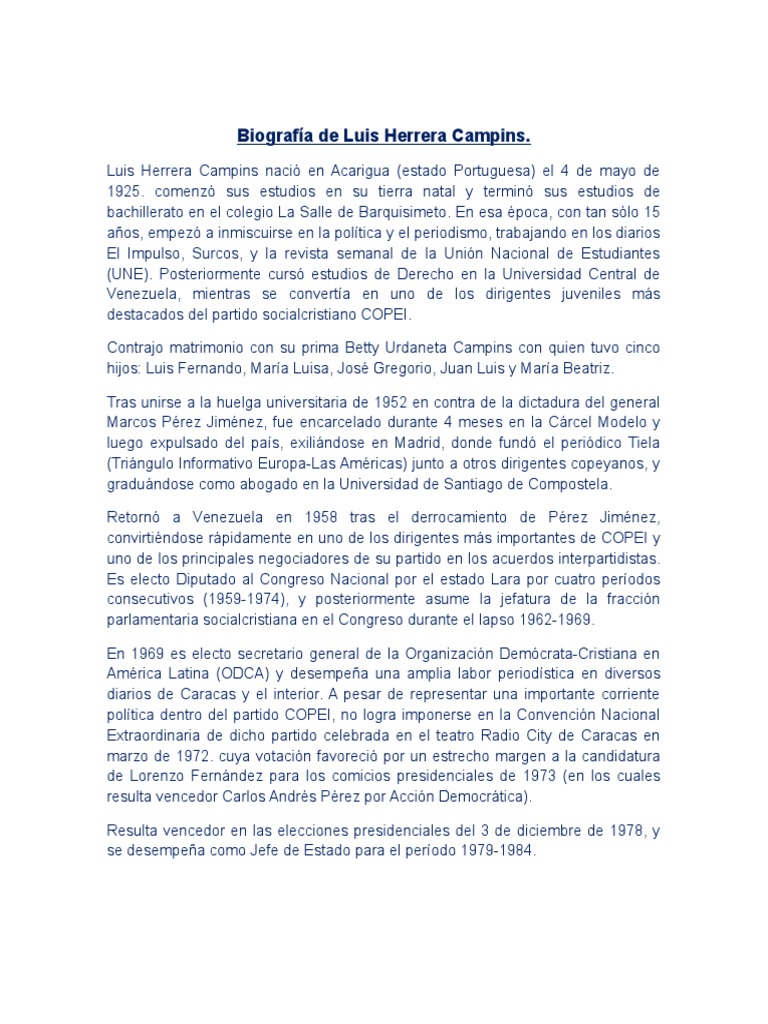 Biografía de Luis Herrera Campins | PDF | Política (general) | Gobierno Biografía de Luis Herrera Campins | PDF | Política (general) | Gobierno