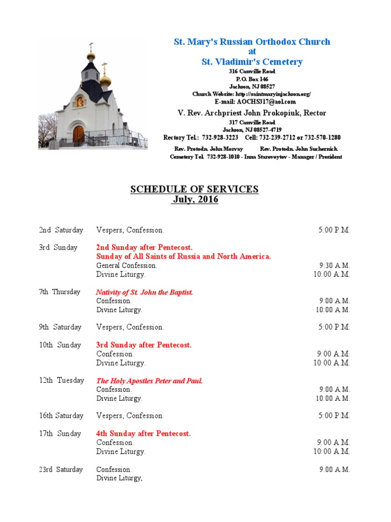 Schedule of Divine Services - July, 2016 | PDF