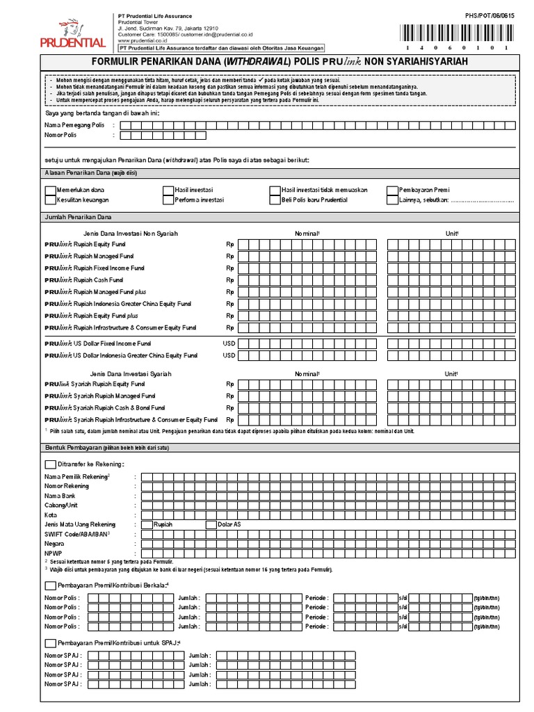 Formulir Penarikan Dana Withdrawal Polis PRUlink Non Syariah Atau ...