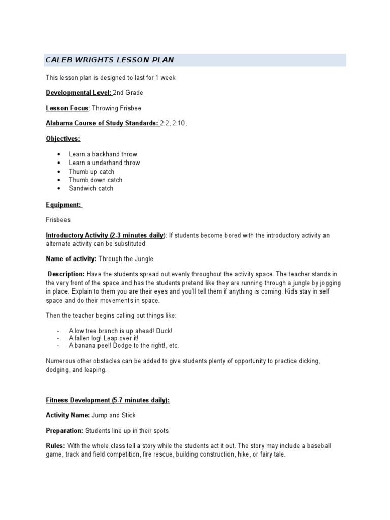 2nd Grade Frisbee Lesson Plan | PDF | Physical Education | Sports