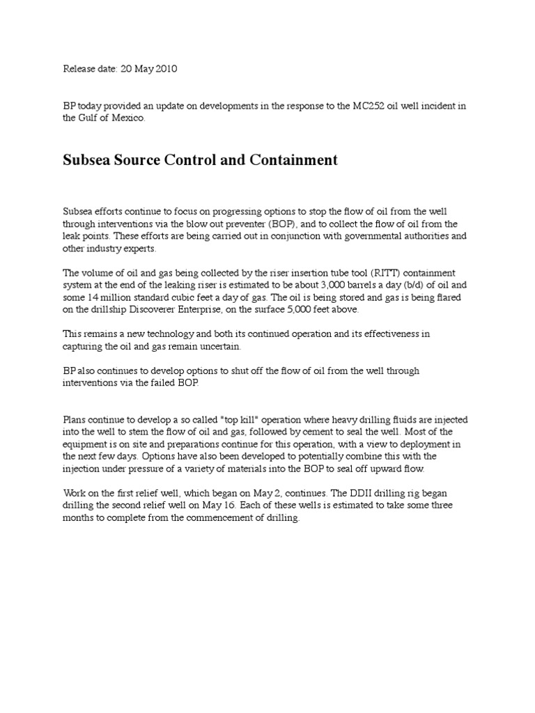 BP Press Release Oil Spill Disaster May 20 2010 | Oils | Petroleum Industry