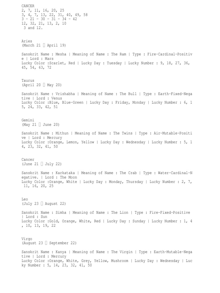 Lucky Numbers | PDF | Astrological Sign | Planets In Astrology