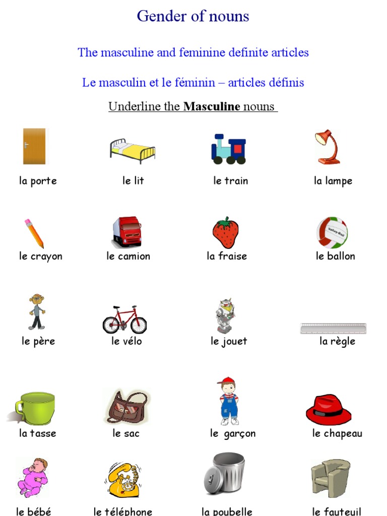French Worksheets - Gender of Nouns - French Definite Articles | PDF