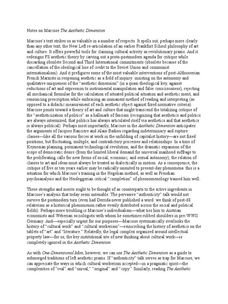 Notes On Marcuse The Aesthetic Dimension | PDF | Capitalism | Aesthetics