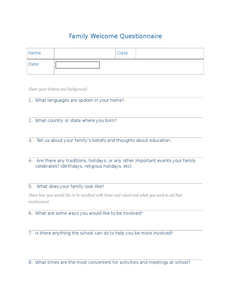 Family Welcome Questionnaire Template | PDF