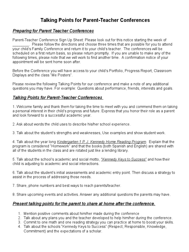 Parent-Teacher Conference Talking Points | PDF | Career & Growth