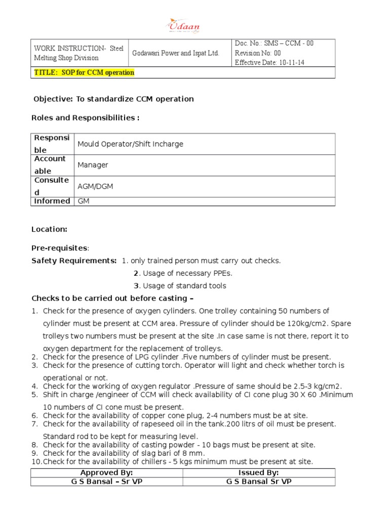 SOP For CCM Operation | PDF | Industrial Processes | Building Engineering