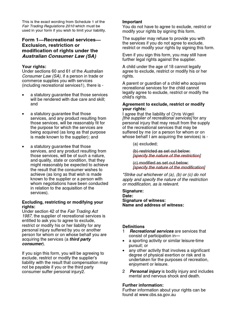 Form 1-Recreational Services - Exclusion, Restriction or Modification ...