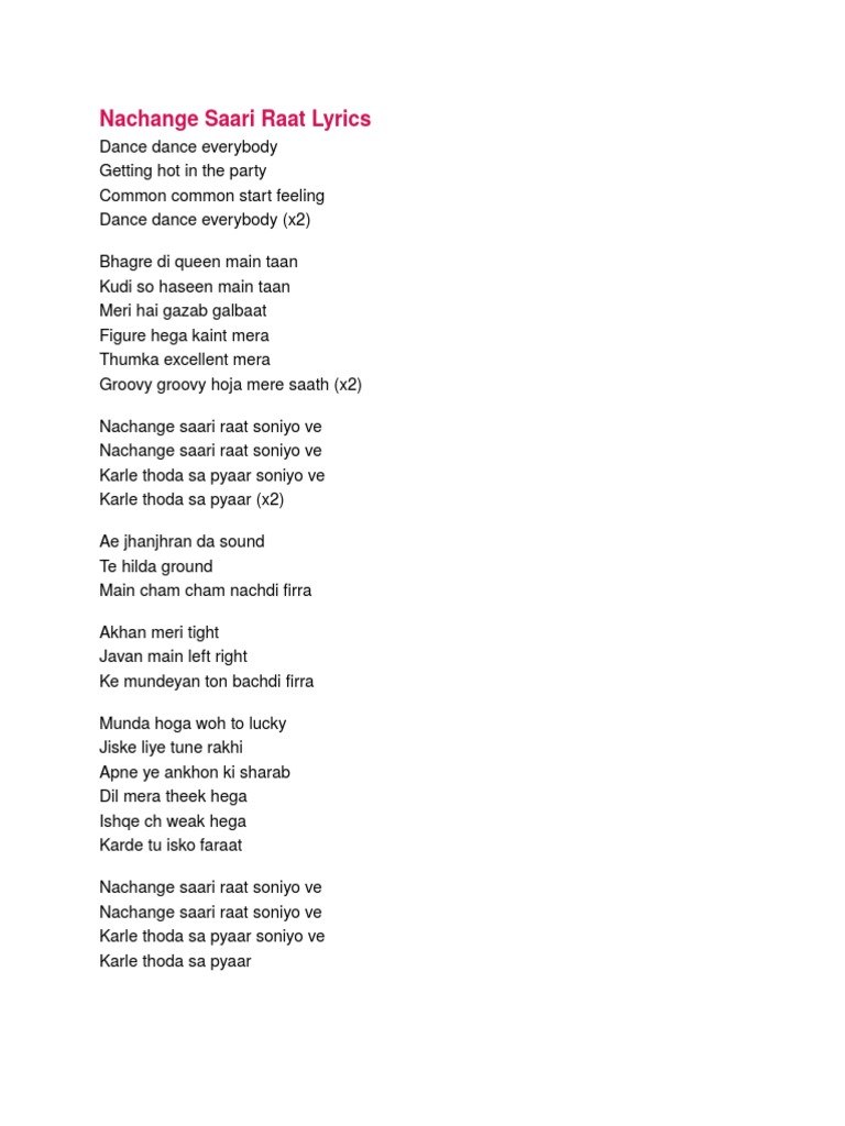 Nachange Saari Raat Lyrics | PDF