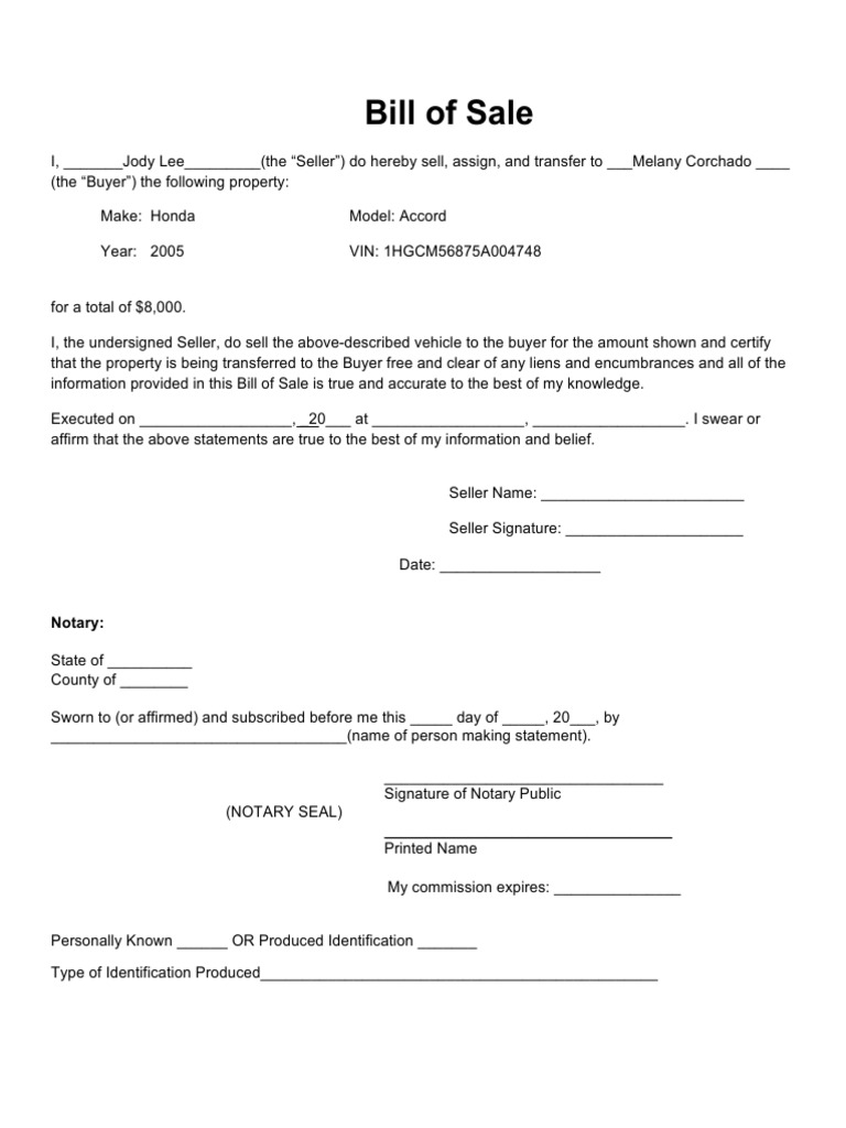 Bill of Sale Sample | PDF | Business | Law