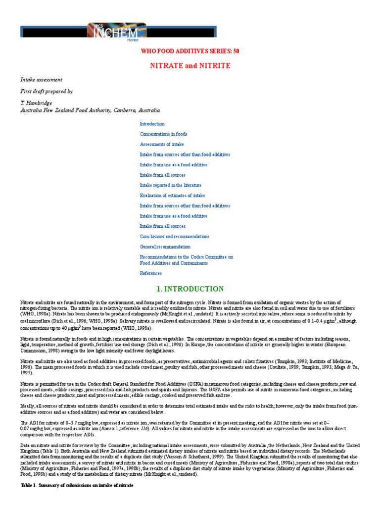 Nitrate and Nitrite (JECFA Food Additives Series 50) | PDF | Nitrate ...