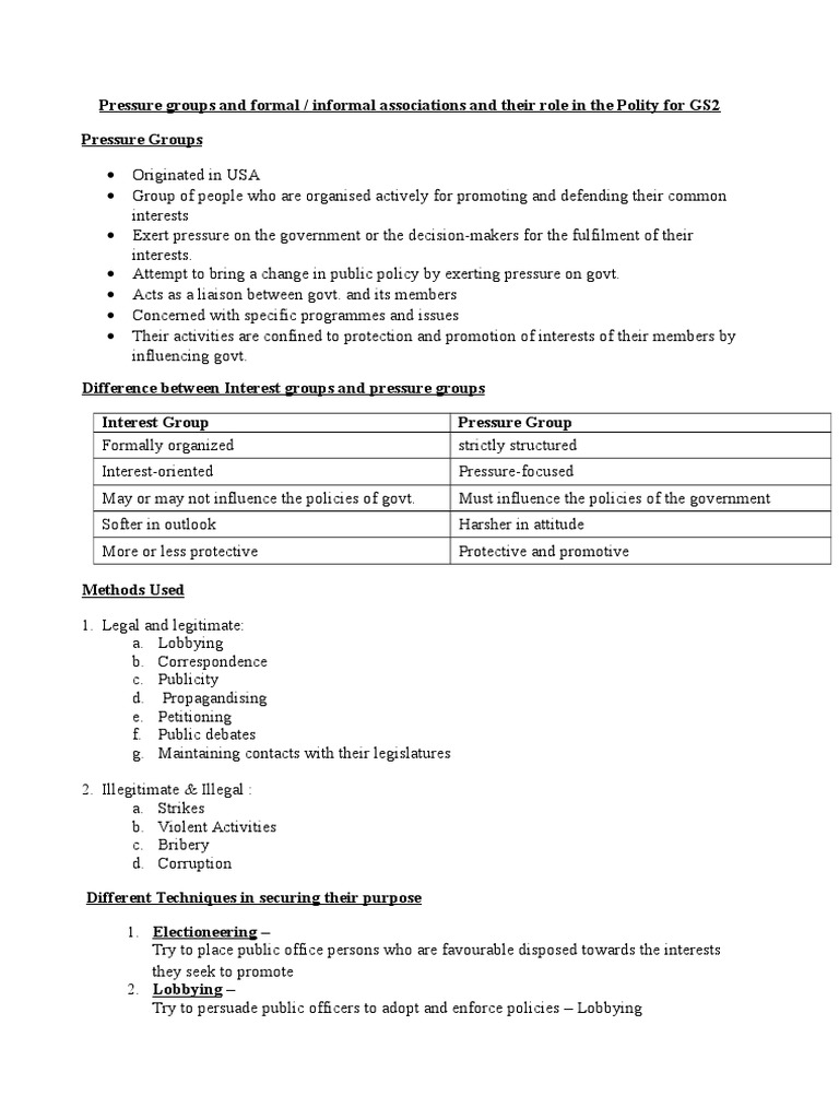 Pressure Groups and Formal Informal Associations and Their Role in The ...