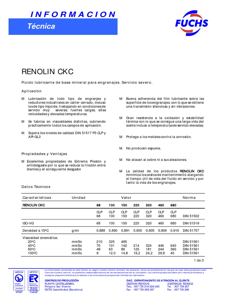Aceite Renolin Ckc Para Engranajes Pdf Engranaje Lubricante