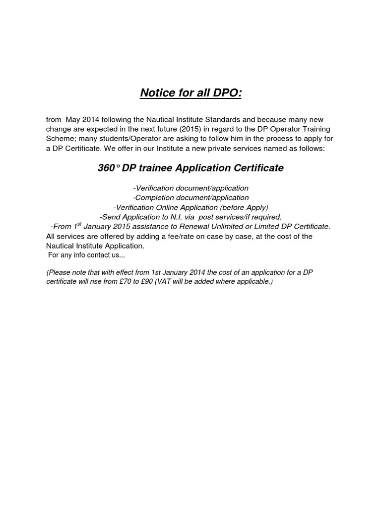 Notice For All DPO:: 360° DP Trainee Application Certificate | PDF