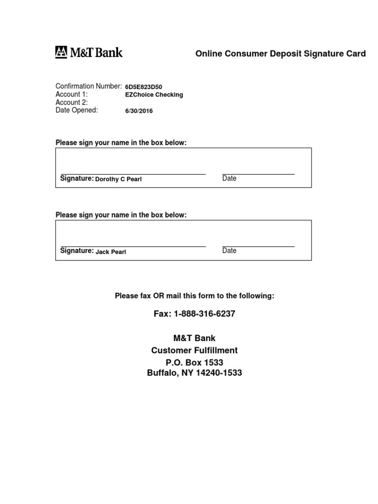 Online Consumer Deposit Signature Card: Confirmation Number: Account 1 ...