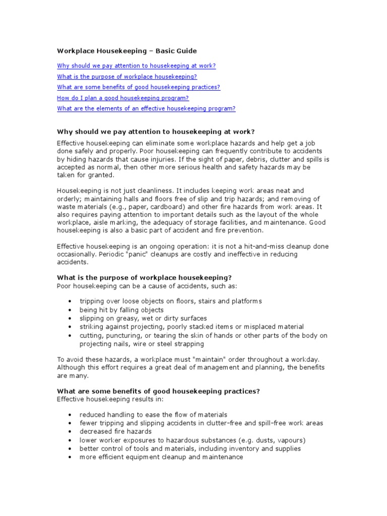 Workplace - Housekeeping-Basic Guide and Procedure | PDF