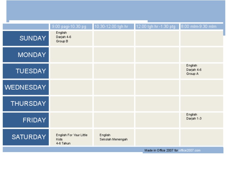 Jadual Tuition: Sunday Monday Tuesday Wednesday Thursday Friday ...