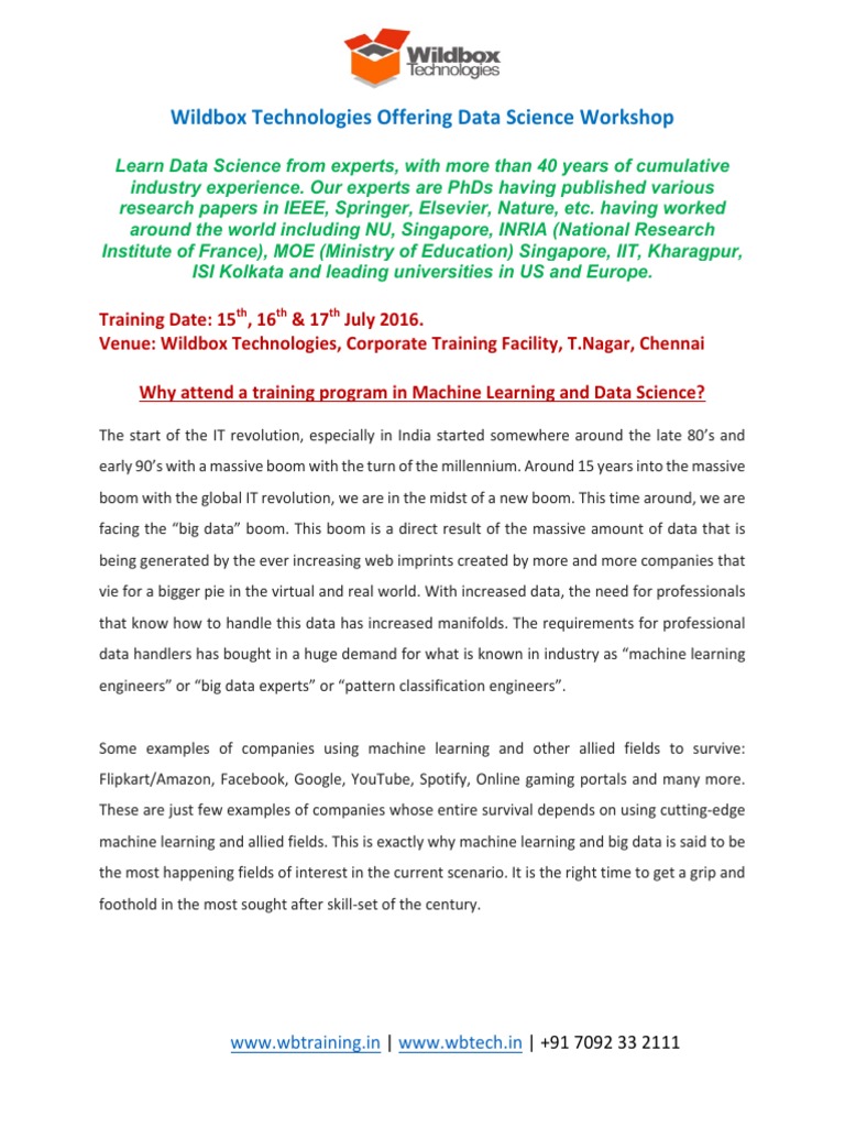 Machine Learning & Data Science Workshop Brochure | PDF