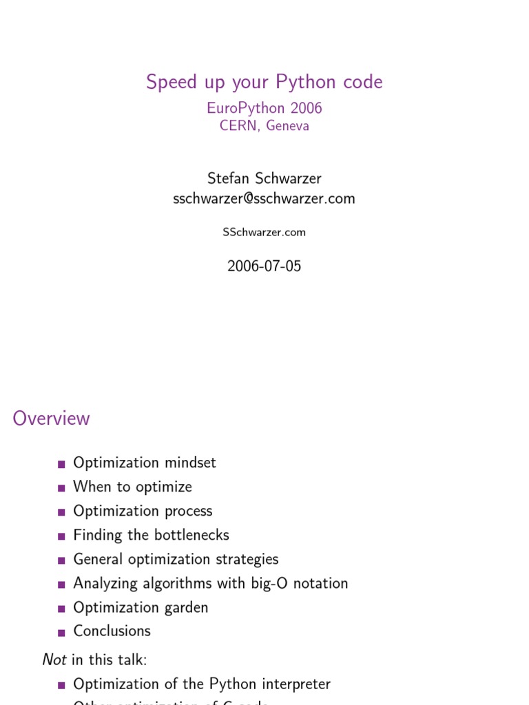 Speed Up Your Python Code Europython 2006 Pdf Program Optimization
