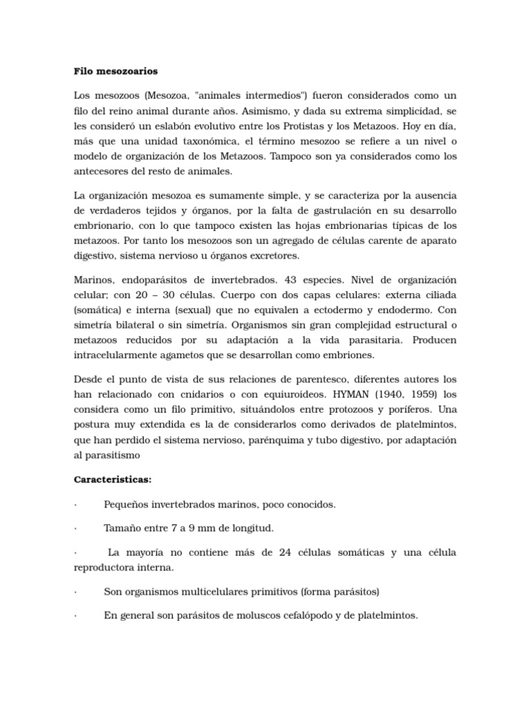 Mesozoarios: Características y Parasitismo | PDF | Sistema nervioso ...
