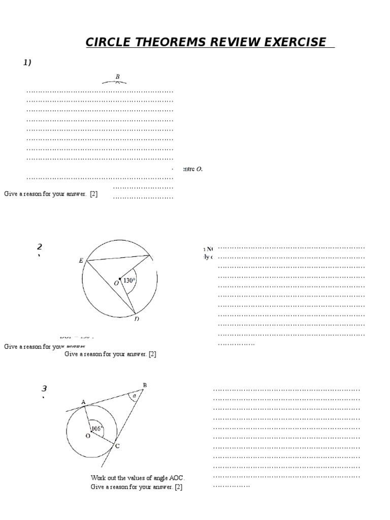 Circle Theorems Review Exercise: Give A Reason For Your Answer. | PDF