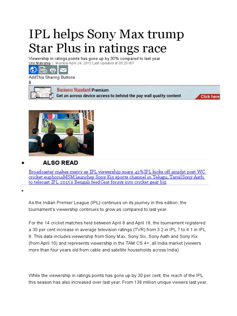 IPL Helps Sony Max Trump Star Plus in Ratings Race: Also Read | PDF ...