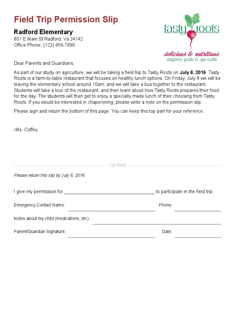 Field Trip Permission Slip Template | PDF | Cooking, Food & Wine | Wellness