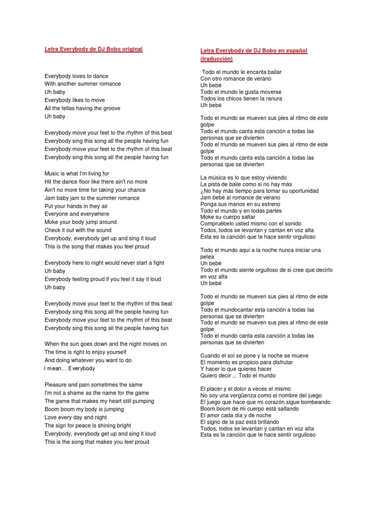 Letra Everybody de DJ Bobo Original | PDF | Ocio | Entretenimiento ...