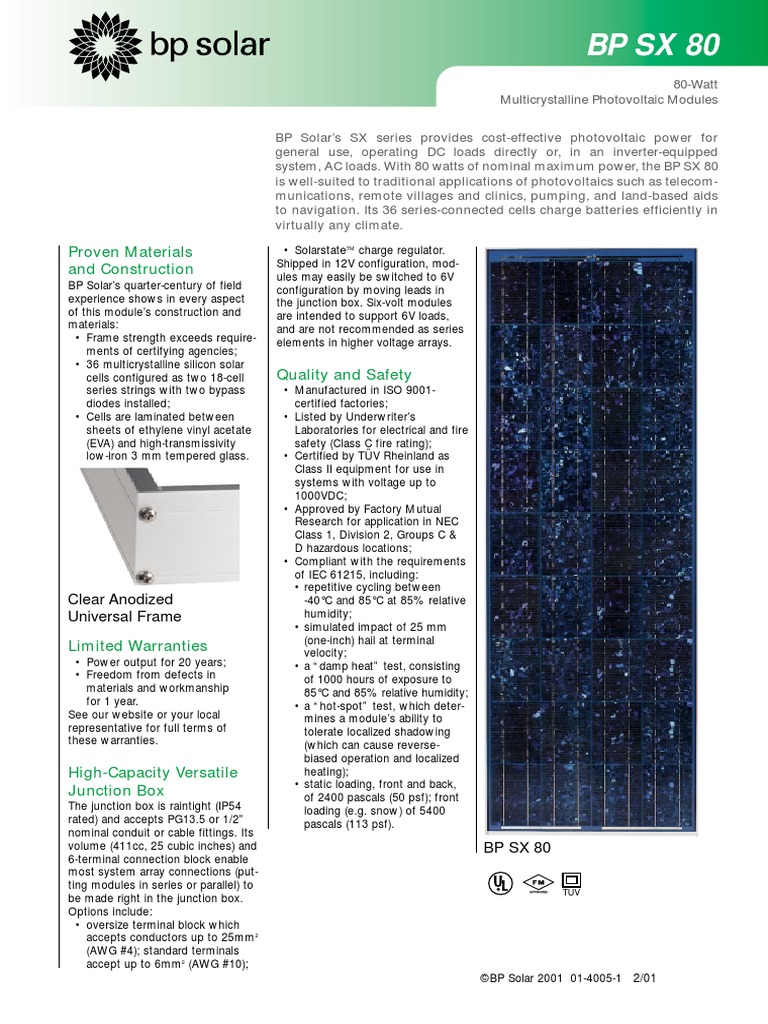 Bpsolar sx80 | PDF | Photovoltaics | Solar Panel