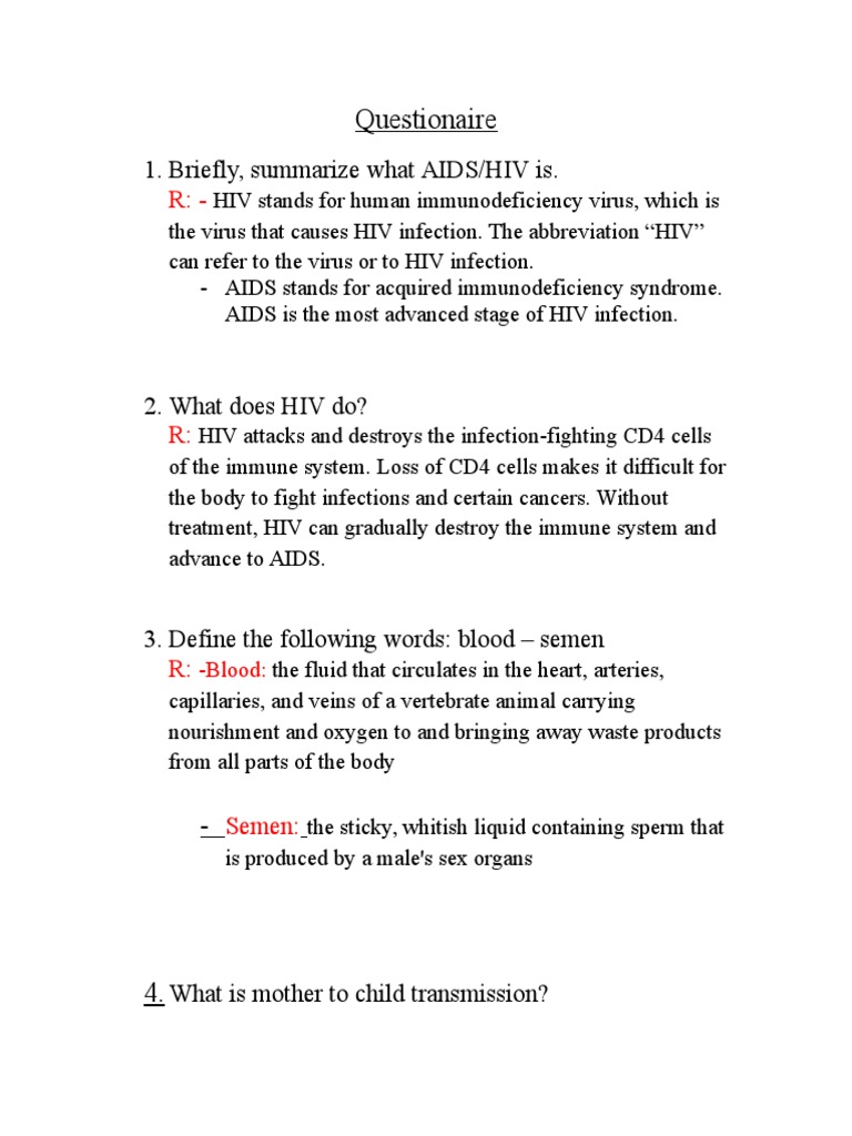 Questionaire: 1. Briefly, Summarize What AIDS/HIV Is | PDF | Self ...