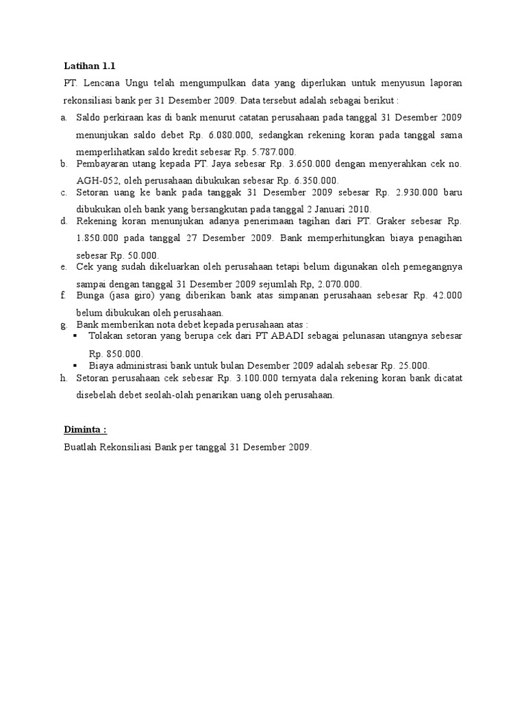 Rekonsiliasi Bank PT Lencana Ungu | PDF