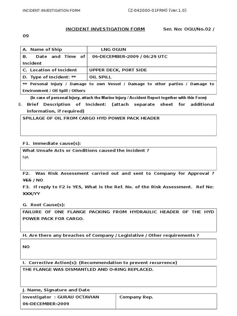 Incident Investigation Form OGU.02.09 | PDF