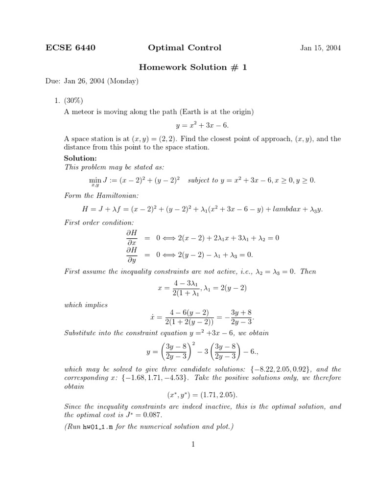Hw01sol PDF | PDF | Optimal Control | Mathematics Of Computing