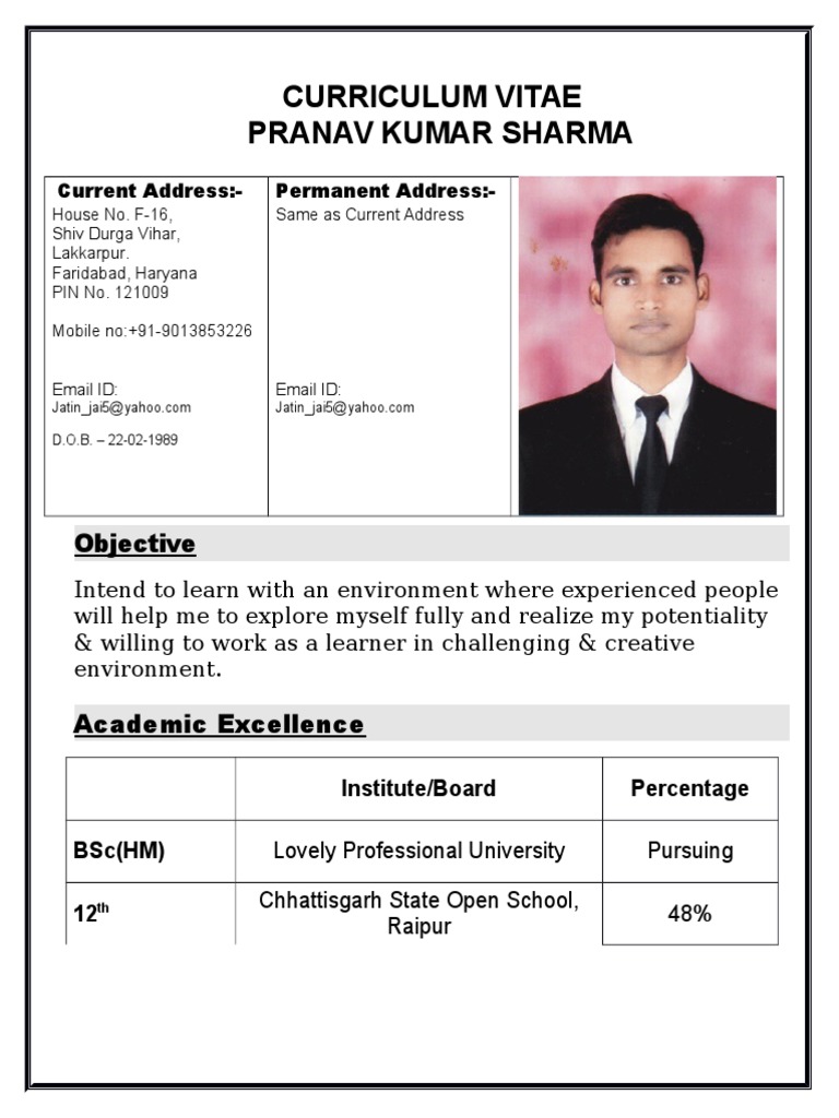 Curriculum Vitae Pranav Kumar Sharma: Objective | PDF